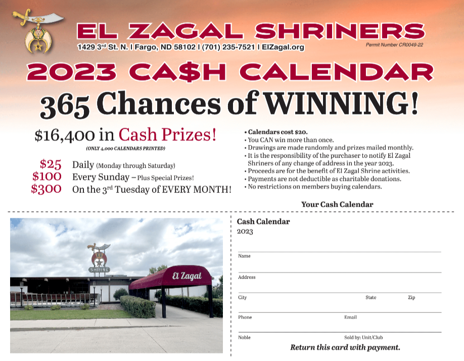 2023 Cash Calendar – El Zagal Shriners